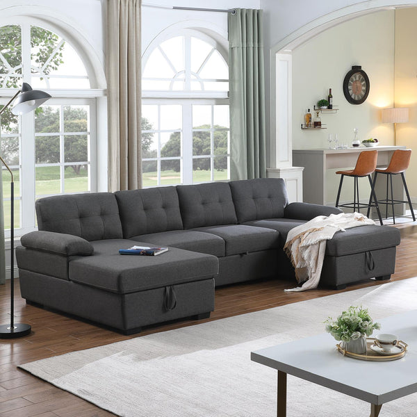 (KYLE GREY)- REVERSIBLE U SHAPE- FABRIC SECTIONAL SOFA WITH PULL OUT B ...